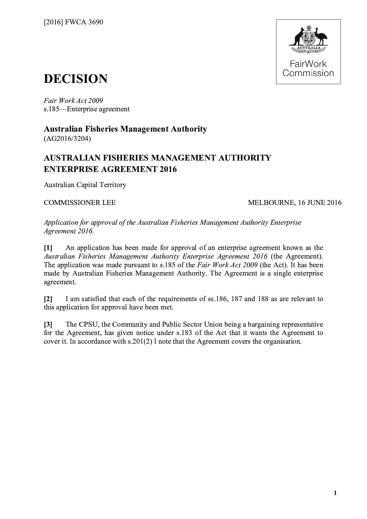 2016 Enterprise Agreement | Australian Fisheries Management Authority